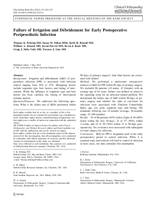 (PDF) Failure of Irrigation and Débridement for Early Postoperative ...