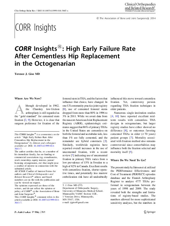 (PDF) CORR Insights®: High early failure rate after cementless hip ...