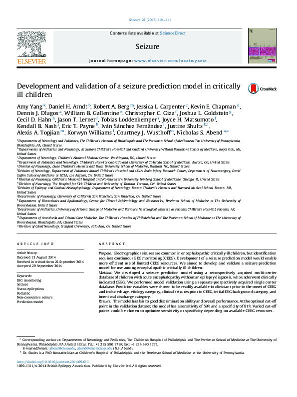 (PDF) Development and validation of a seizure prediction model in critically ill children