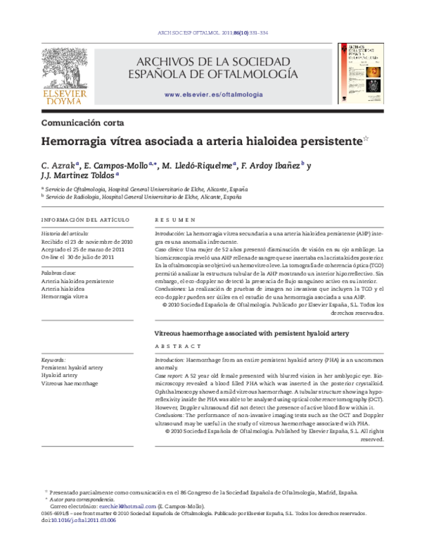 (PDF) Hemorragia vítrea asociada a arteria hialoidea persistente