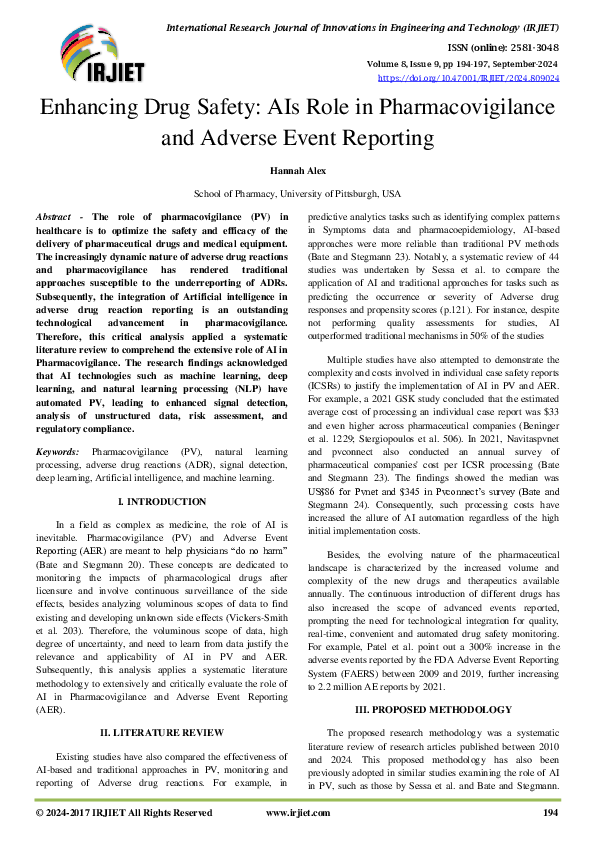 (PDF) Enhancing Drug Safety: AIs Role in Pharmacovigilance and Adverse ...