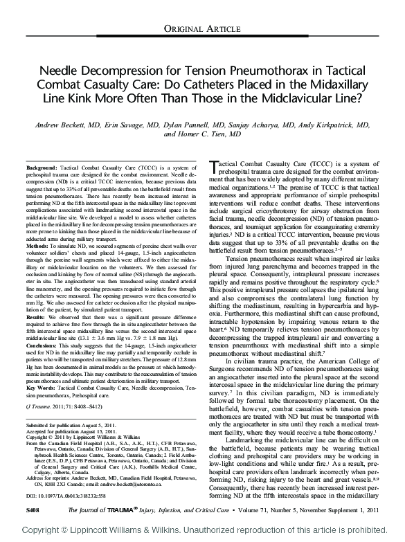 (PDF) Needle Decompression for Tension Pneumothorax in Tactical Combat ...