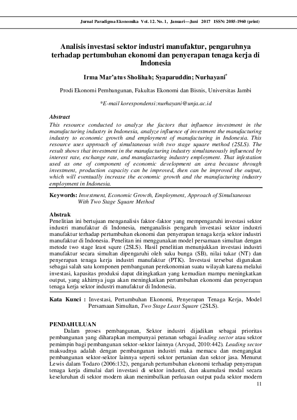 (PDF) Analisis investasi sektor industri manufaktur, pengaruhnya terhadap pertumbuhan ekonomi ...