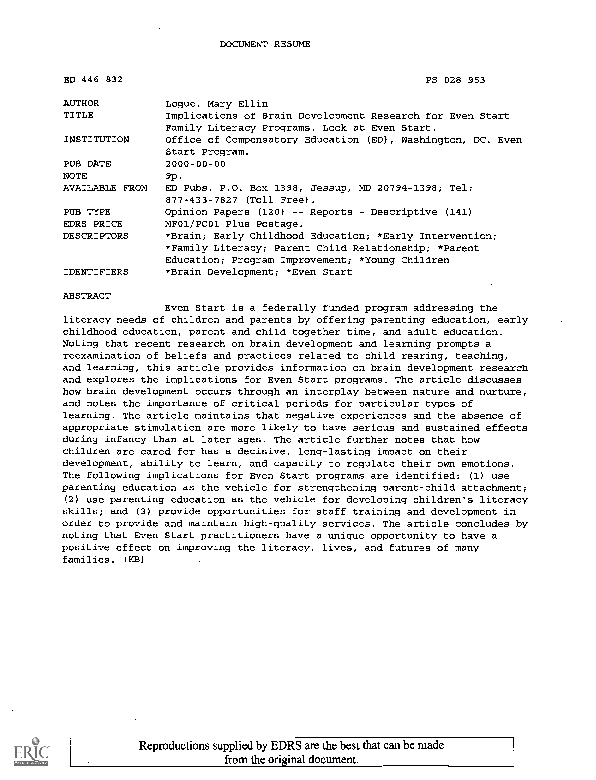 (PDF) Implications of Brain Development Research for Even Start Family ...