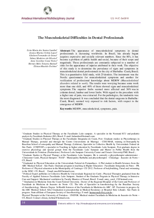 (PDF) The Musculoskeletal Difficulties in Dental Professionals