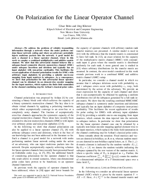 (PDF) On polarization for the linear operator channel