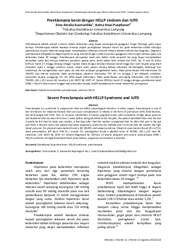(PDF) Preeklampsia berat dengan HELLP sindrom dan IUFD