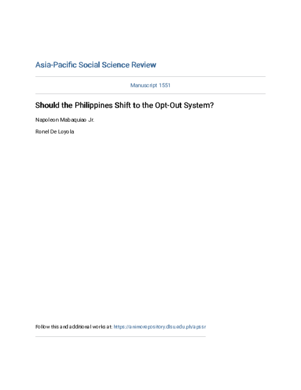 (PDF) Should the Philippines Shift to the Opt-Out System?