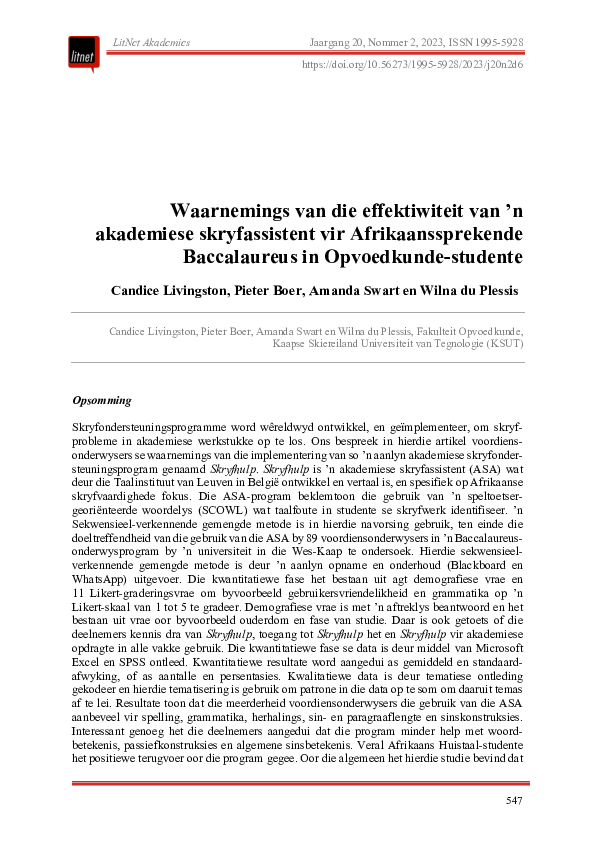 (PDF) Waarnemings van die effektiwiteit van ’n akademiese ...