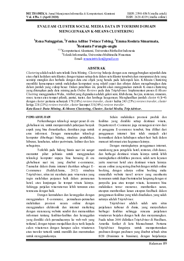 Pdf Evaluasi Cluster Social Media Data In Tourism Domain Menggunakan K Means Clustering