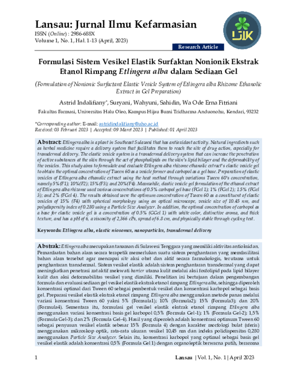 (PDF) Formulasi Sistem Vesikel Elastik Surfaktan Nonionik Ekstrak Etanol Rimpang Etlingera alba ...