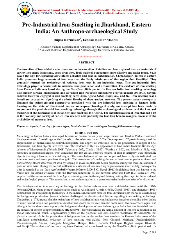 (PDF) Pre-Industrial Iron Smelting in Jharkhand, Eastern India: An ...