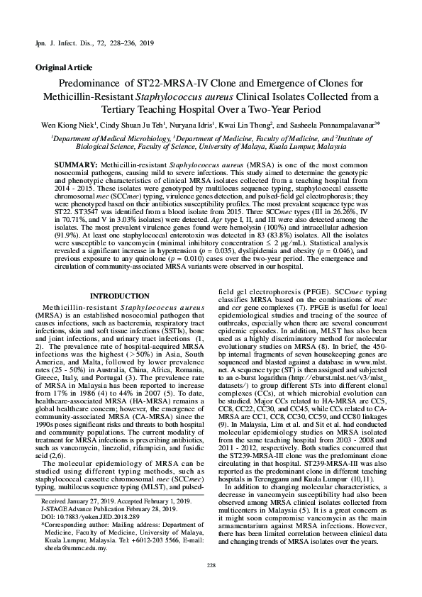 (PDF) Predominance of ST22-MRSA-IV Clone and Emergence of Clones for Methicillin-Resistant ...