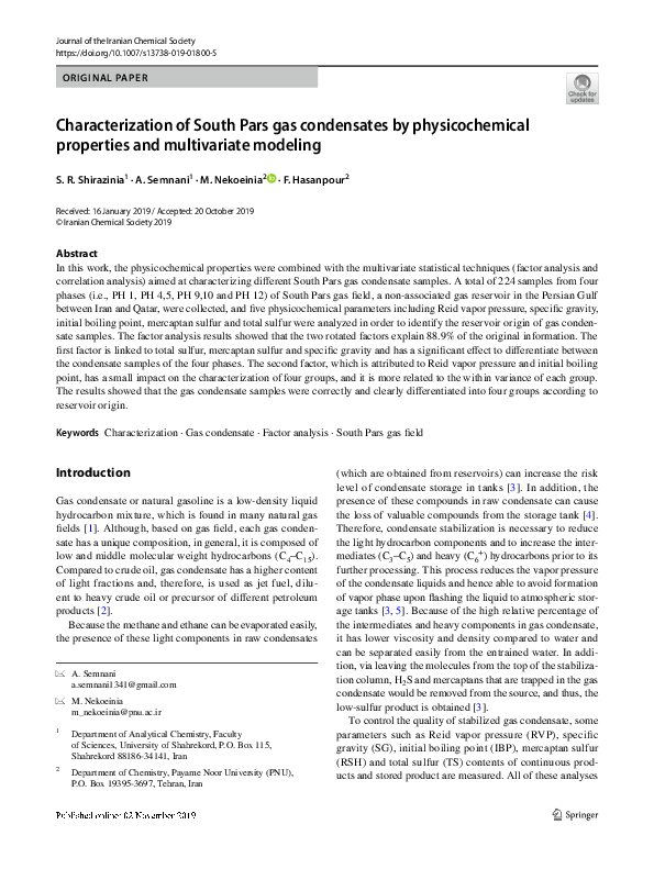 (PDF) Characterization of South Pars gas condensates by physicochemical ...