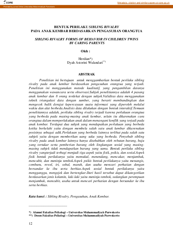 (PDF) Bentuk Perilaku Sibling Rivalry Pada Anak Kembar Berdasarkan Pengasuhan Orangtua