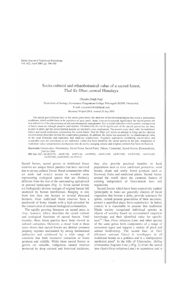 (PDF) Socio-cultural and ethnobotanical value of a sacred forest, Thal Ke Dhar, central Himalaya