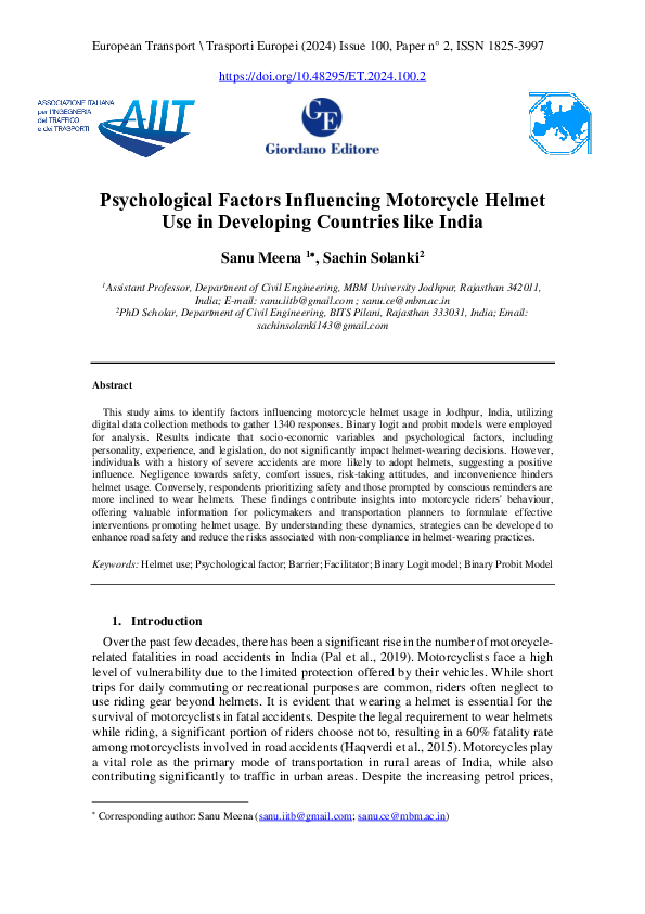 (PDF) Psychological Factors Influencing Motorcycle Helmet Use in ...