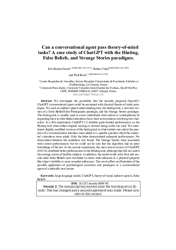 (PDF) Can a conversational agent pass theory-of-mind tasks? A case study of ChatGPT with the ...