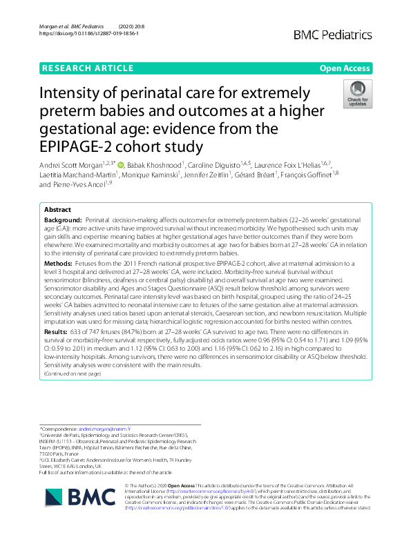 (PDF) Intensity of perinatal care for extremely preterm babies and ...
