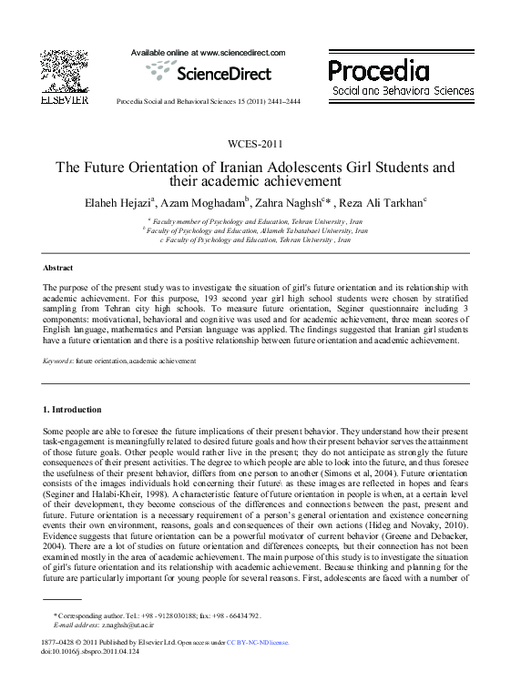 (PDF) The Future Orientation of Iranian Adolescents Girl Students and their academic achievement