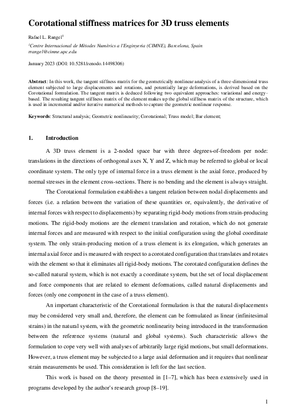 (PDF) Corotational stiffness matrices for 3D truss elements
