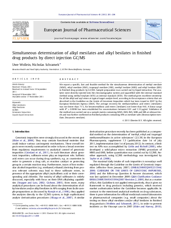 (PDF) Simultaneous determination of alkyl mesilates and alkyl besilates ...