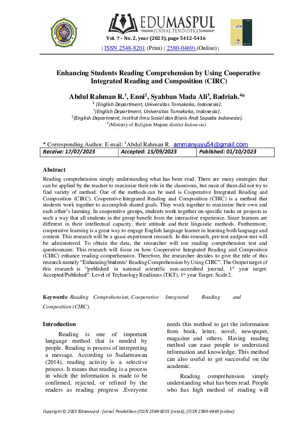 (PDF) An Enhancing Students Reading Comprehension by Using Cooperative ...