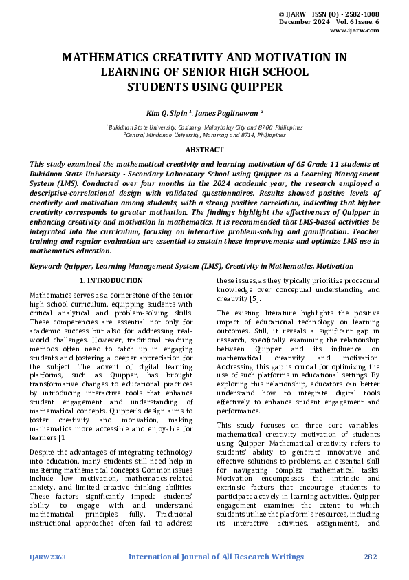 (PDF) MATHEMATICS CREATIVITY AND MOTIVATION IN LEARNING OF SENIOR HIGH SCHOOL STUDENTS USING QUIPPER