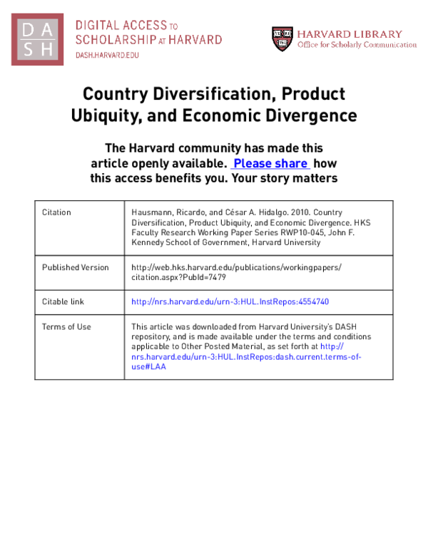 (PDF) Country Diversification, Product Ubiquity, and Economic Divergence