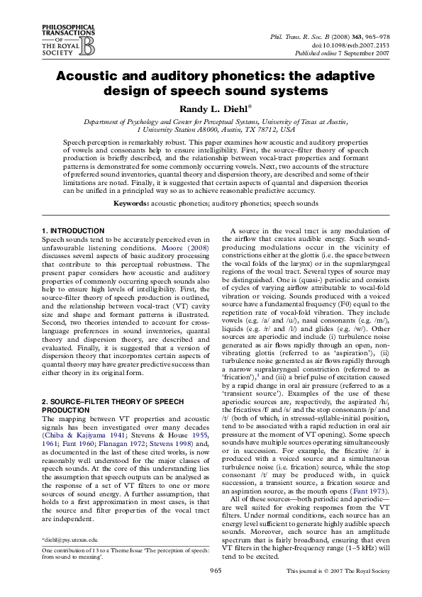 (PDF) Acoustic and auditory phonetics: the adaptive design of speech ...