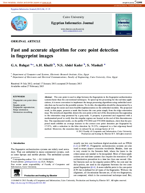 Pdf Fast And Accurate Algorithm For Core Point Detection In