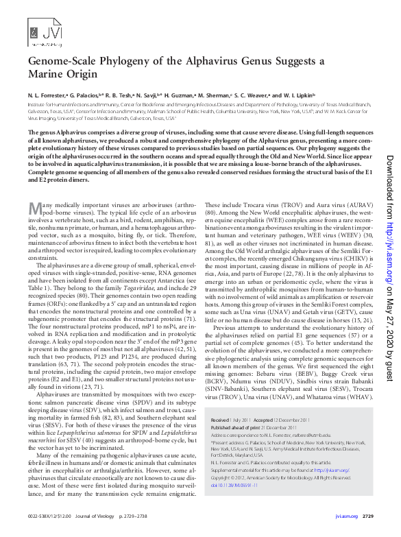(PDF) Genome-Scale Phylogeny of the Alphavirus Genus Suggests a Marine ...