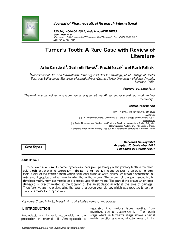 (PDF) Turner’s Tooth: A Rare Case with Review of Literature | Sushruth ...