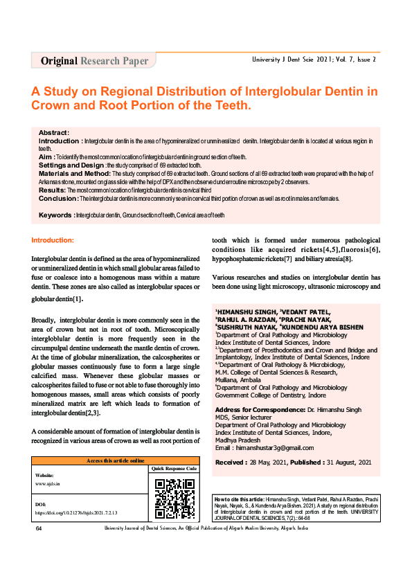 (PDF) A study on regional distribution of Interglobular dentin in crown ...