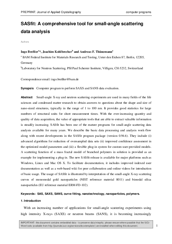 (PDF) SASfit: A comprehensive tool for small-angle scattering data analysis