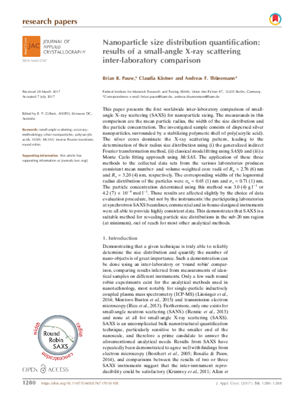 (PDF) Nanoparticle size distribution quantification: results of a small-angle X-ray scattering ...