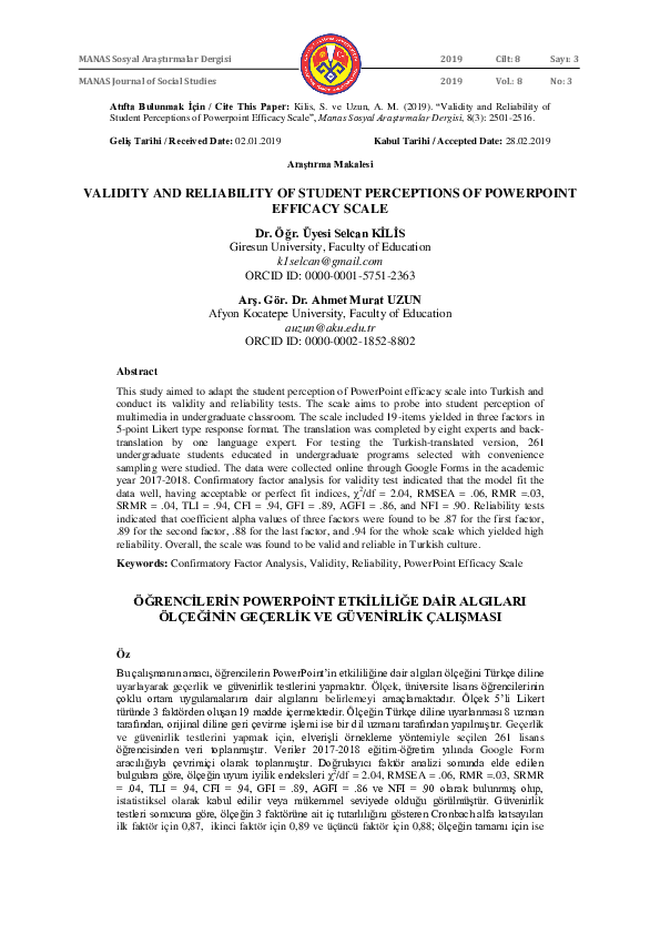 (PDF) Validity and Reliability of Student Perceptions of PowerPoint Efficacy Scale