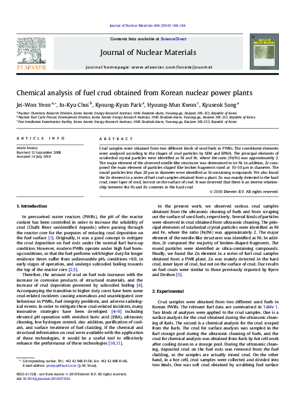 Pdf Chemical Analysis Of Fuel Crud Obtained From Korean Nuclear Power Plants