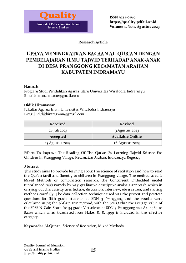 (PDF) Upaya Meningkatkan Bacaan Al-Qur’an Dengan Pembelajaran Ilmu Tajwid Terhadap Anak-Anak Di ...