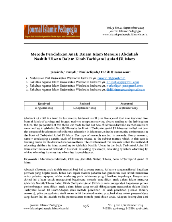 (PDF) Metode Pendidikan Anak Dalam Islam Menurut Abdullah Nashih ’Ulwan ...