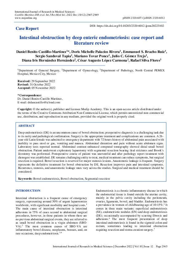 (PDF) Intestinal obstruction by deep enteric endometriosis: case report ...