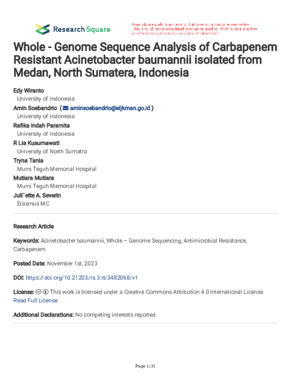 (PDF) Whole - Genome Sequence Analysis of Carbapenem Resistant Acinetobacter baumannii isolated ...