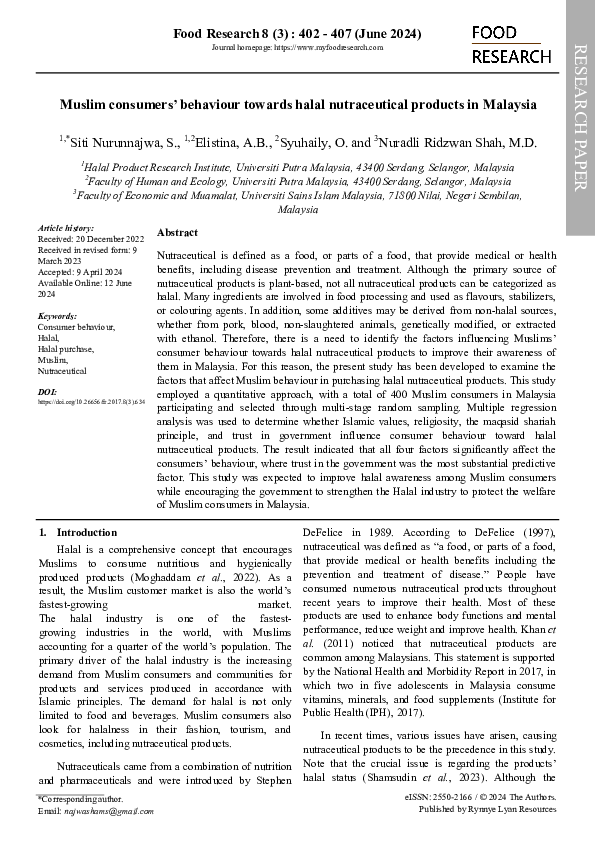 (PDF) Muslim consumers’ behaviour towards halal nutraceutical products in Malaysia