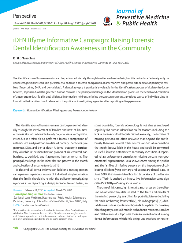 (PDF) iDENTIfyme Informative Campaign: Raising Forensic Dental Identification Awareness in the ...