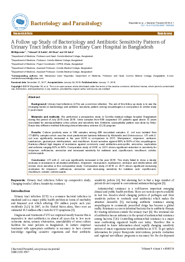 (PDF) A Follow up Study of Bacteriology and Antibiotic Sensitivity Pattern of Urinary Tract ...