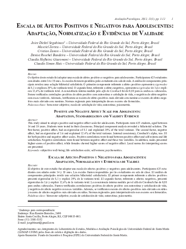 (PDF) Positive and negative affect scale for adolescents: adaptation ...