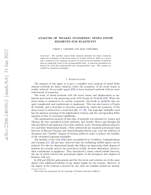 (PDF) Analysis of Weakly Symmetric Mixed Finite Elements for Elasticity