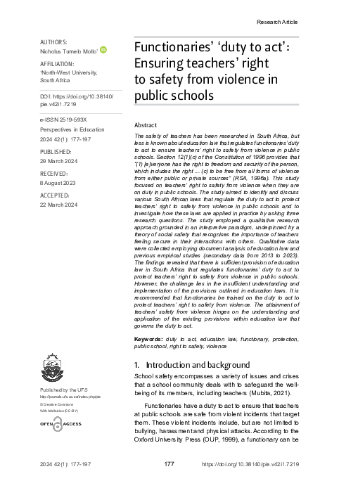 (PDF) Functionaries’ ‘duty to act’: Ensuring teachers’ right to safety ...