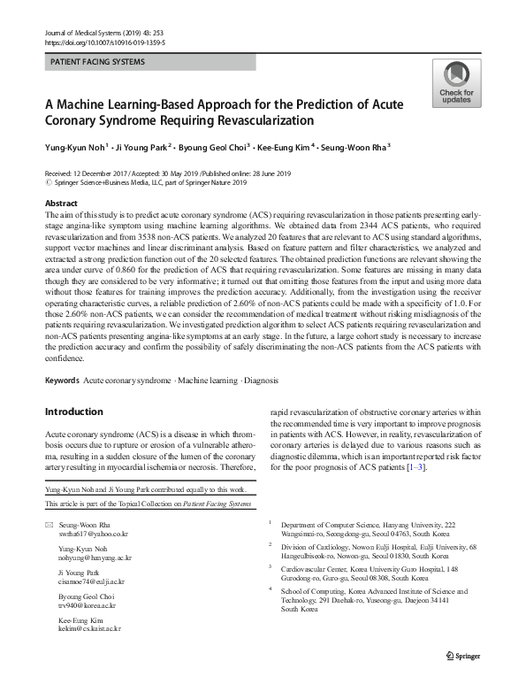(PDF) A Machine Learning-Based Approach for the Prediction of Acute Coronary Syndrome Requiring ...