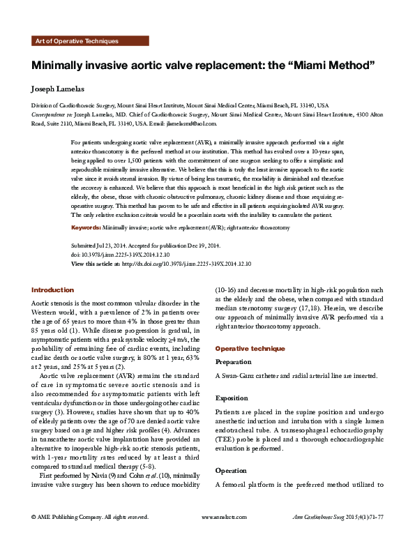 (PDF) Minimally invasive aortic valve replacement: the "Miami Method
